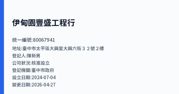 伊甸園豐盛工程行的照片-統編 80067941(臺中市) 公司登記資料與營業項目詳細圖表