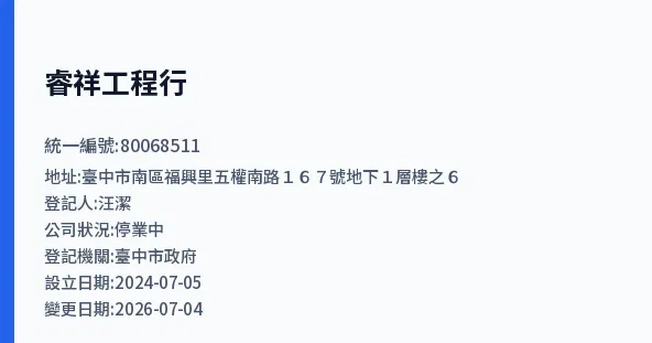 睿祥工程行的照片-統編 80068511(臺中市) 公司登記資料與營業項目詳細圖表