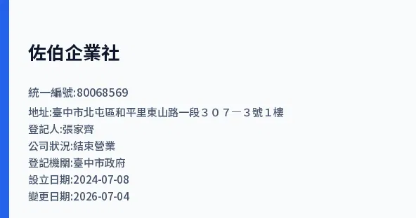 佐伯企業社的照片-統編 80068569(臺中市) 公司登記資料與營業項目詳細圖表