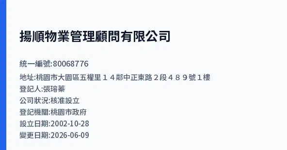 揚順物業管理顧問有限公司的照片-統編 80068776(桃園市) 公司登記資料與營業項目詳細圖表