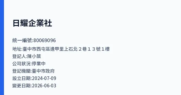 日耀企業社的照片-統編 80069096(臺中市) 公司登記資料與營業項目詳細圖表