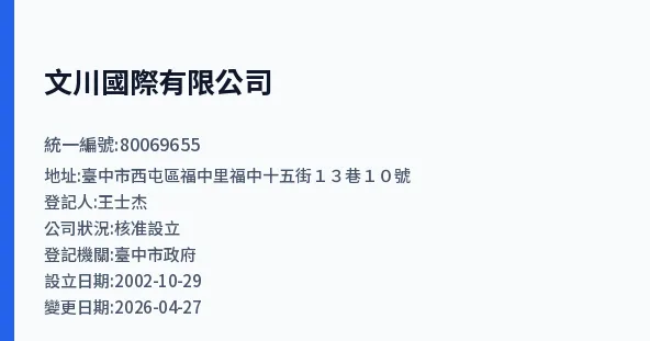 文川國際有限公司的照片-統編 80069655(臺中市) 公司登記資料與營業項目詳細圖表