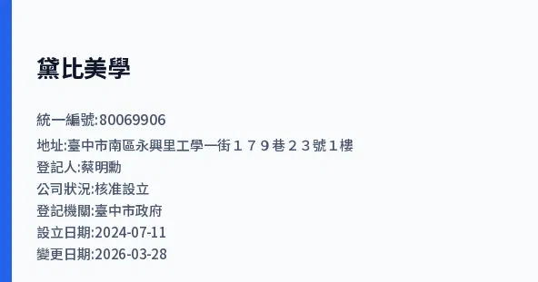黛比美學的照片-統編 80069906(臺中市) 公司登記資料與營業項目詳細圖表