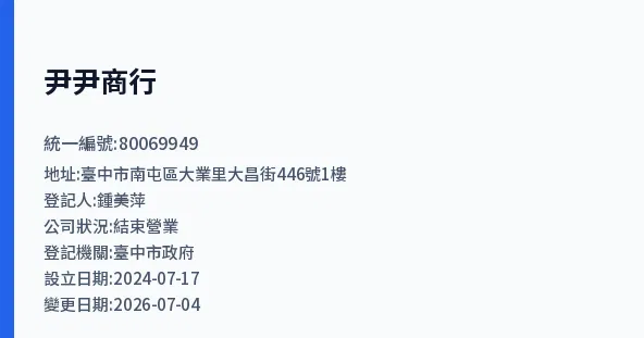 尹尹商行的照片-統編 80069949(臺中市) 公司登記資料與營業項目詳細圖表