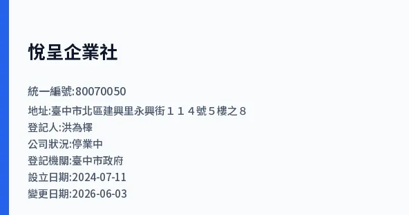 悅呈企業社的照片-統編 80070050(臺中市) 公司登記資料與營業項目詳細圖表