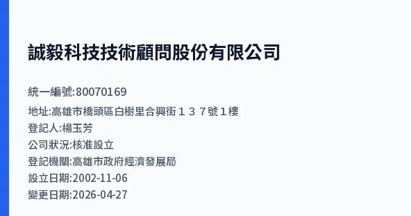 誠毅科技技術顧問股份有限公司的照片-統編 80070169(高雄市) 公司登記資料與營業項目詳細圖表