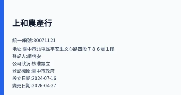 上和農產行的照片-統編 80071121(臺中市) 公司登記資料與營業項目詳細圖表