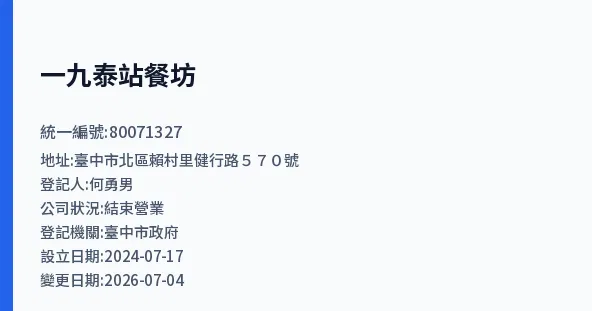 一九泰站餐坊的照片-統編 80071327(臺中市) 公司登記資料與營業項目詳細圖表