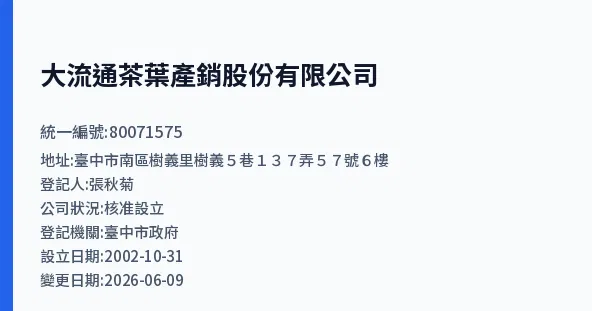 大流通茶葉產銷股份有限公司的照片-統編 80071575(臺中市) 公司登記資料與營業項目詳細圖表
