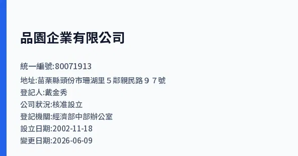 品園企業有限公司的照片-統編 80071913(苗栗縣) 公司登記資料與營業項目詳細圖表