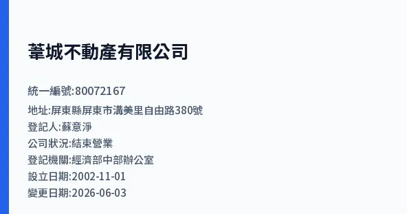 葦城不動產有限公司的照片-統編 80072167(屏東縣) 公司登記資料與營業項目詳細圖表