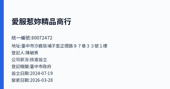 愛服惹妳精品商行的照片-統編 80072472(臺中市) 公司登記資料與營業項目詳細圖表