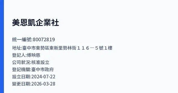 美恩凱企業社的照片-統編 80072819(臺中市) 公司登記資料與營業項目詳細圖表