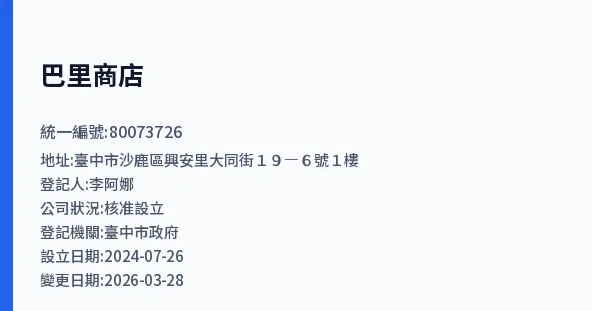 巴里商店的照片-統編 80073726(臺中市) 公司登記資料與營業項目詳細圖表