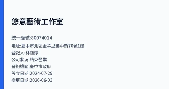 悠意藝術工作室的照片-統編 80074014(臺中市) 公司登記資料與營業項目詳細圖表