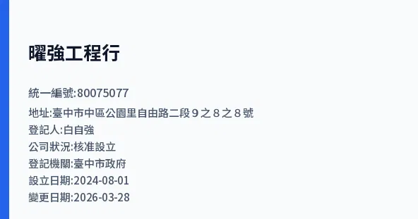 曜強工程行的照片-統編 80075077(臺中市) 公司登記資料與營業項目詳細圖表