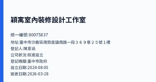 穎寓室內裝修設計工作室的照片-統編 80075837(臺中市) 公司登記資料與營業項目詳細圖表