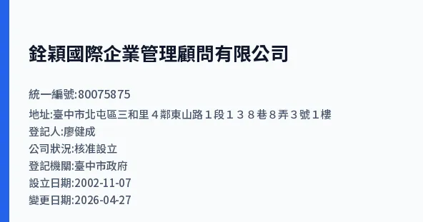 銓穎國際企業管理顧問有限公司的照片-統編 80075875(臺中市) 公司登記資料與營業項目詳細圖表