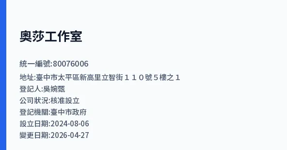 奧莎工作室的照片-統編 80076006(臺中市) 公司登記資料與營業項目詳細圖表