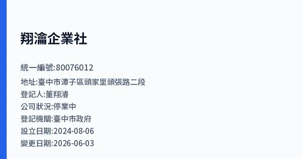 翔瀹企業社的照片-統編 80076012(臺中市) 公司登記資料與營業項目詳細圖表