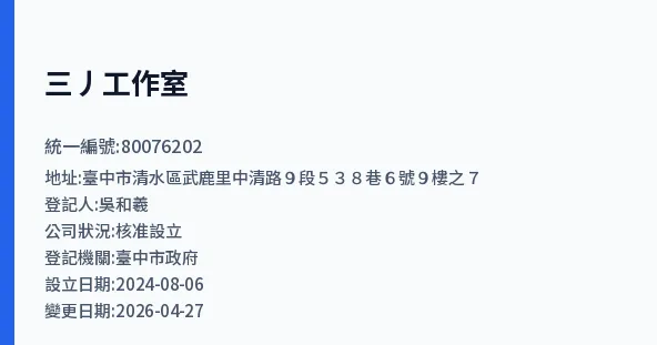 三丿工作室的照片-統編 80076202(臺中市) 公司登記資料與營業項目詳細圖表
