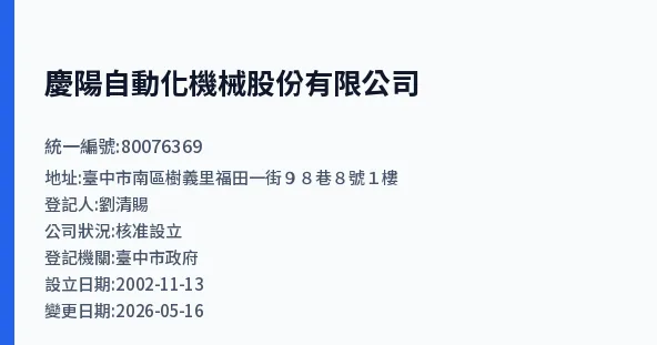 慶陽自動化機械股份有限公司的照片-統編 80076369(臺中市) 公司登記資料與營業項目詳細圖表