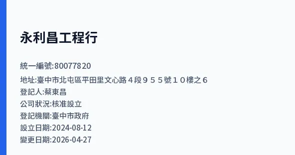 永利昌工程行的照片-統編 80077820(臺中市) 公司登記資料與營業項目詳細圖表