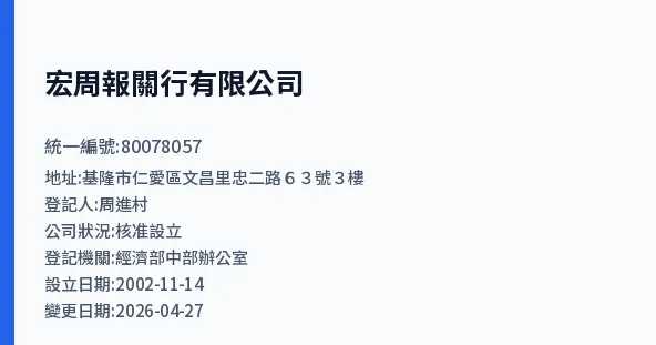 宏周報關行有限公司的照片-統編 80078057(基隆市) 公司登記資料與營業項目詳細圖表