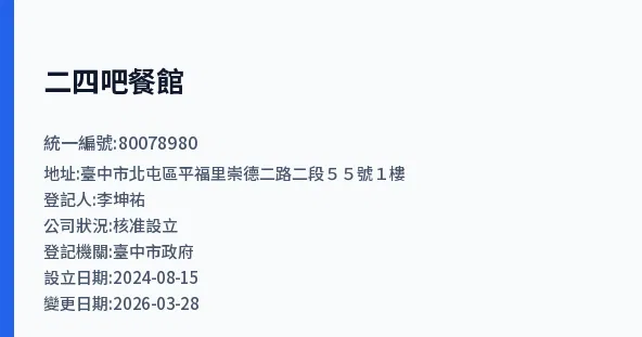 二四吧餐館的照片-統編 80078980(臺中市) 公司登記資料與營業項目詳細圖表