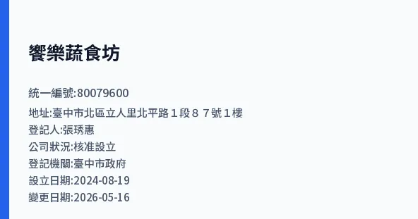 饗樂蔬食坊的照片-統編 80079600(臺中市) 公司登記資料與營業項目詳細圖表