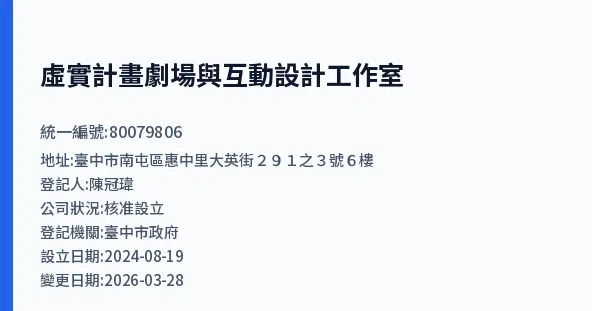 虛實計畫劇場與互動設計工作室的照片-統編 80079806(臺中市) 公司登記資料與營業項目詳細圖表