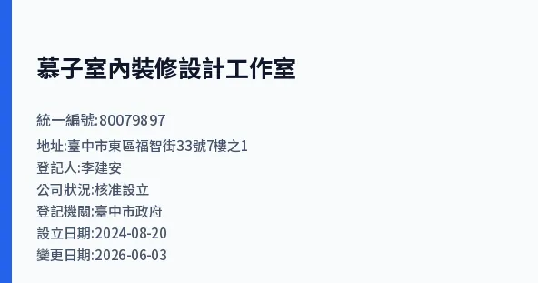 慕子室內裝修設計工作室的照片-統編 80079897(臺中市) 公司登記資料與營業項目詳細圖表