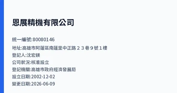 恩展精機有限公司的照片-統編 80080146(高雄市) 公司登記資料與營業項目詳細圖表