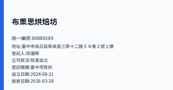 布栗思烘焙坊的照片-統編 80080389(臺中市) 公司登記資料與營業項目詳細圖表