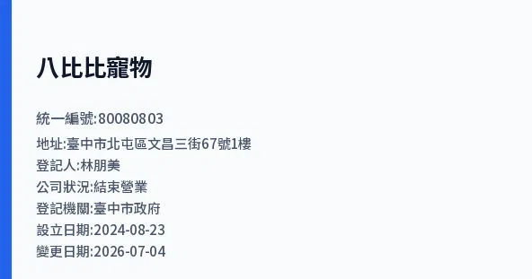 八比比寵物的照片-統編 80080803(臺中市) 公司登記資料與營業項目詳細圖表
