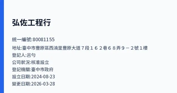 弘佐工程行的照片-統編 80081155(臺中市) 公司登記資料與營業項目詳細圖表
