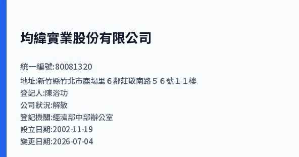 均緯實業股份有限公司的照片-統編 80081320(新竹縣) 公司登記資料與營業項目詳細圖表