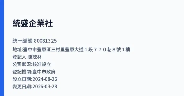 統盛企業社的照片-統編 80081325(臺中市) 公司登記資料與營業項目詳細圖表
