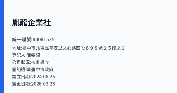 胤龍企業社的照片-統編 80081535(臺中市) 公司登記資料與營業項目詳細圖表