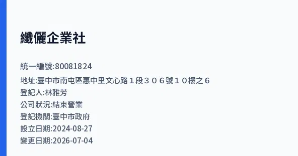 纖儷企業社的照片-統編 80081824(臺中市) 公司登記資料與營業項目詳細圖表