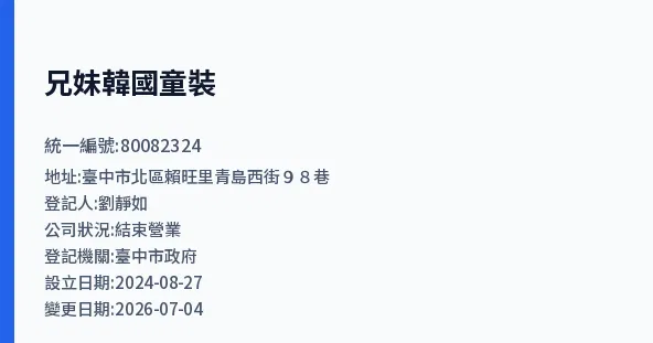兄妹韓國童裝的照片-統編 80082324(臺中市) 公司登記資料與營業項目詳細圖表
