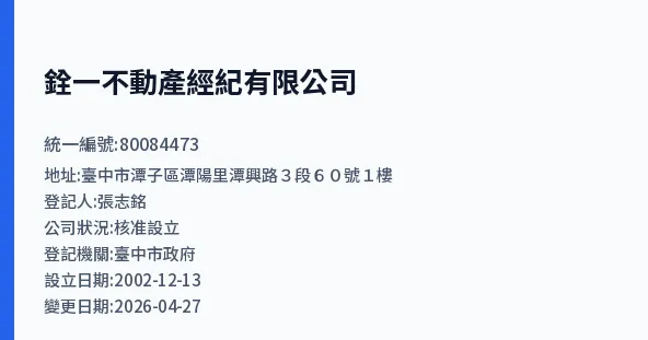 銓一不動產經紀有限公司的照片-統編 80084473(臺中市) 公司登記資料與營業項目詳細圖表