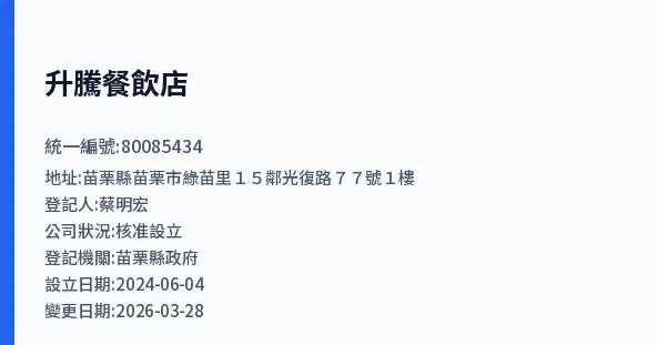 升騰餐飲店的照片-統編 80085434(苗栗縣) 公司登記資料與營業項目詳細圖表