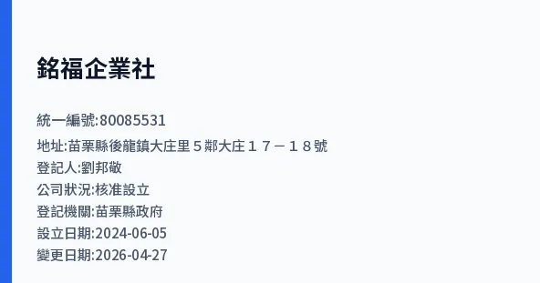 銘福企業社的照片-統編 80085531(苗栗縣) 公司登記資料與營業項目詳細圖表