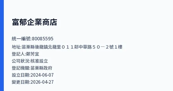 富郁企業商店的照片-統編 80085595(苗栗縣) 公司登記資料與營業項目詳細圖表