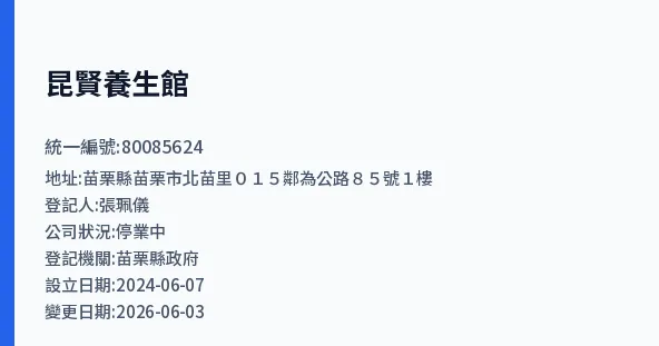 昆賢養生館的照片-統編 80085624(苗栗縣) 公司登記資料與營業項目詳細圖表