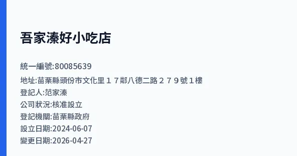 吾家溱好小吃店的照片-統編 80085639(苗栗縣) 公司登記資料與營業項目詳細圖表
