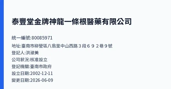泰豐堂金牌神龍一條根醫藥有限公司的照片-統編 80085971(臺南市) 公司登記資料與營業項目詳細圖表
