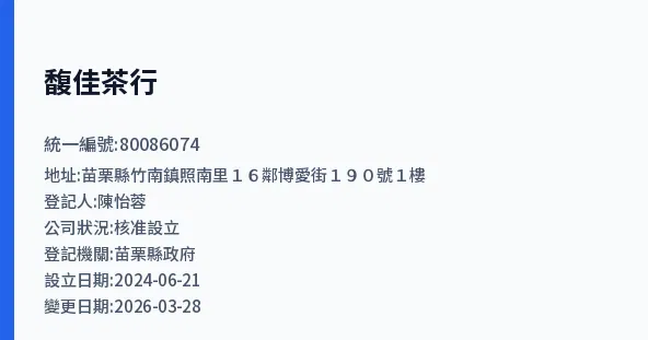 馥佳茶行的照片-統編 80086074(苗栗縣) 公司登記資料與營業項目詳細圖表