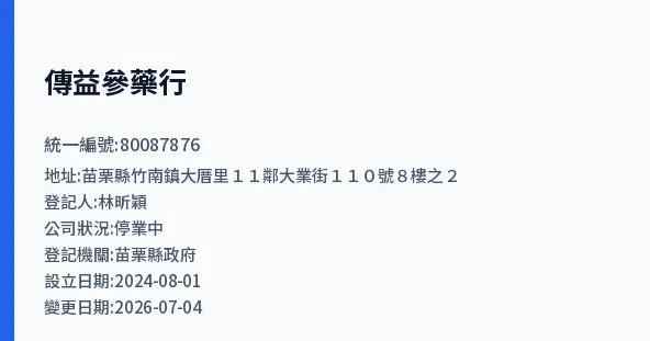 傳益參藥行的照片-統編 80087876(苗栗縣) 公司登記資料與營業項目詳細圖表